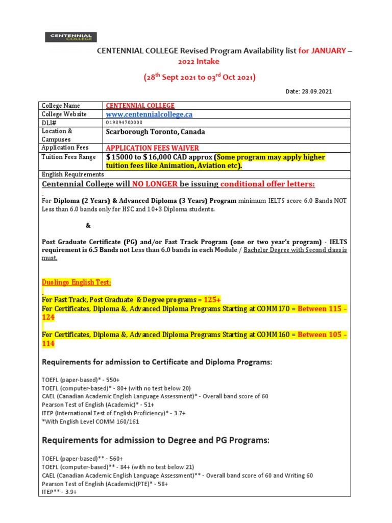 CENTENNIAL COLLEGE Program Availability List For JAN 2022 Intake 28.09 | Download Free PDF ...