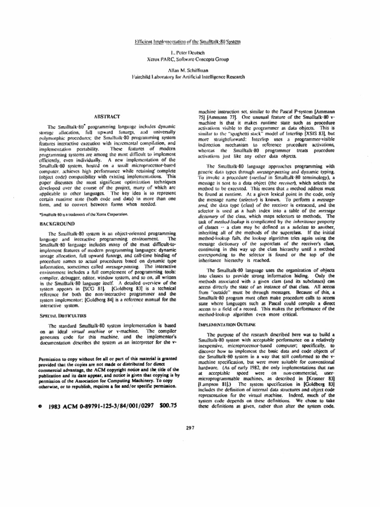 Efficient Implementation of The Smalltalk-80 System | PDF | Inheritance (Object Oriented ...