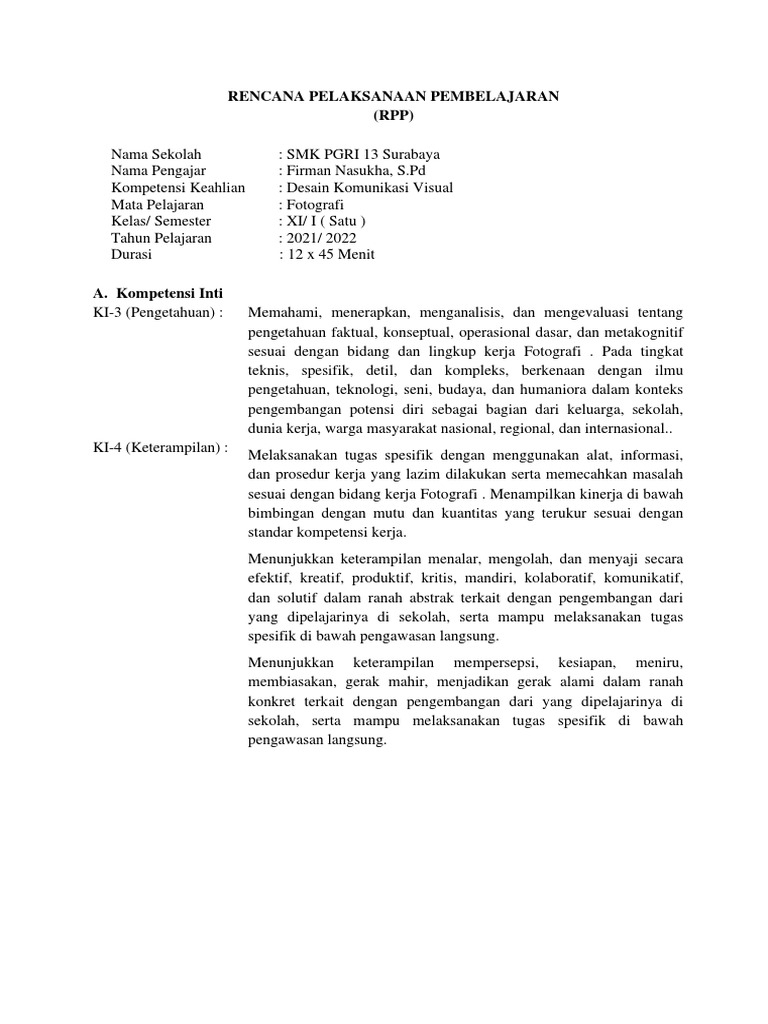 RPP - Fotografi - Kelas Xi DKV | PDF