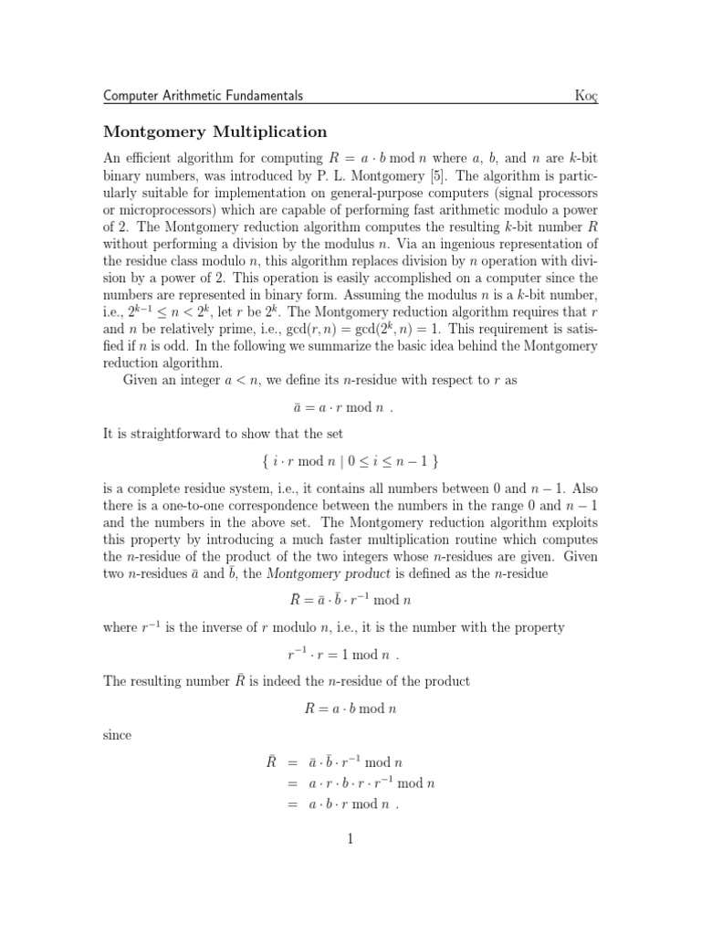 Montgomery Multiplication: K 1 K K K | PDF | Algorithms | Discrete ...