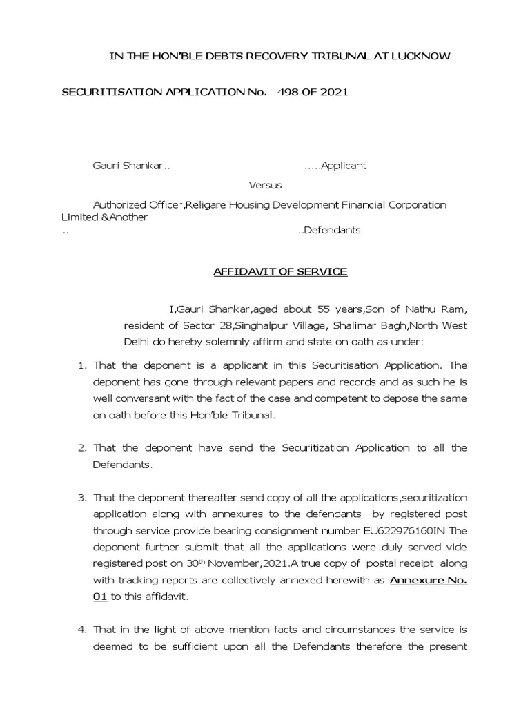 In The Hon'Ble Debts Recovery Tribunal at Lucknow | PDF | Affidavit ...