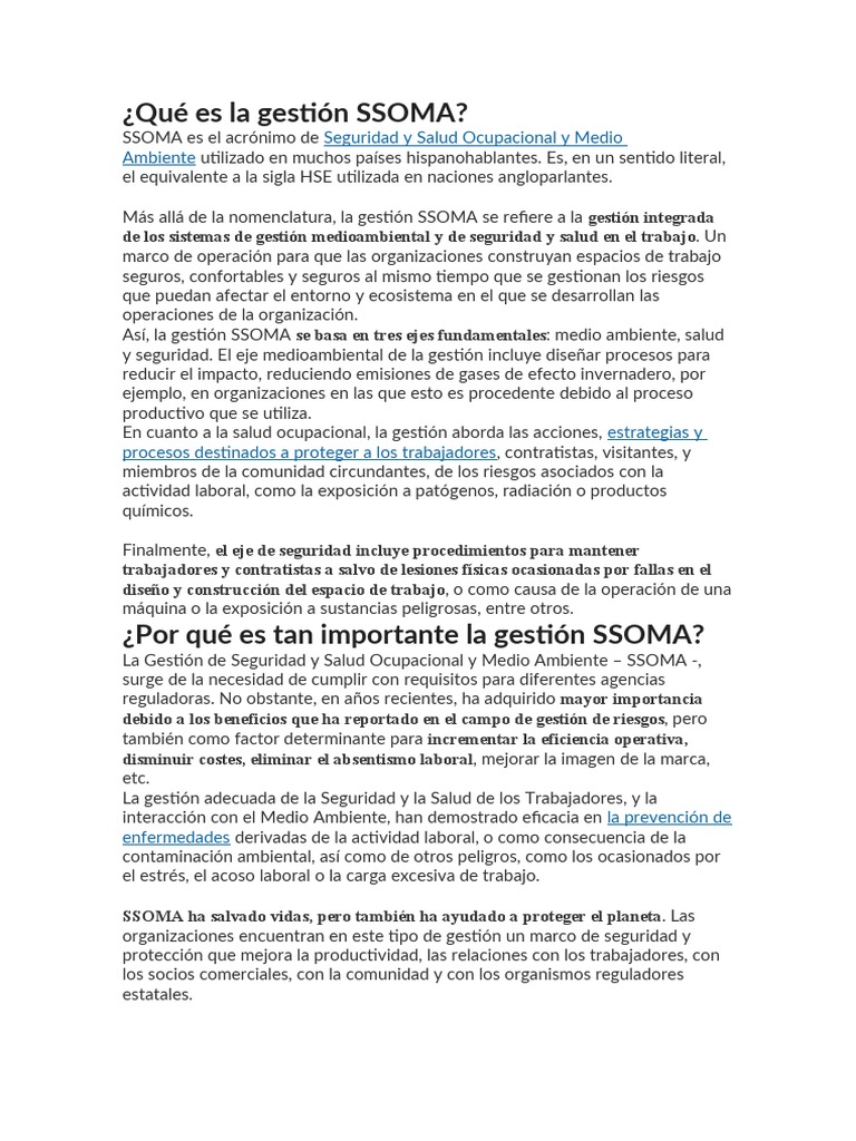 Qué Es La Gestión SSOMA | PDF | Seguridad y salud ocupacional | Entorno ...