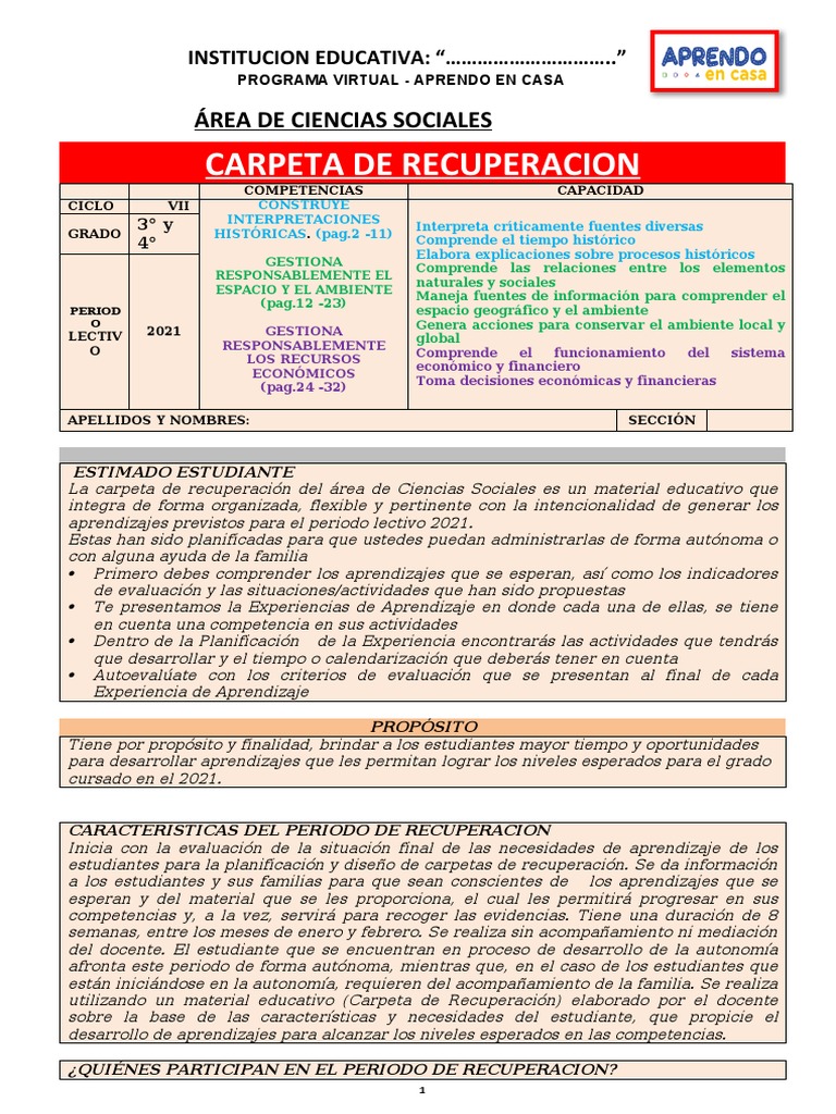 Carpeta de Recuperacion CC - Ss Ciclo Vii 3ro y 4to | PDF | Sustentabilidad | Desarrollo sostenible