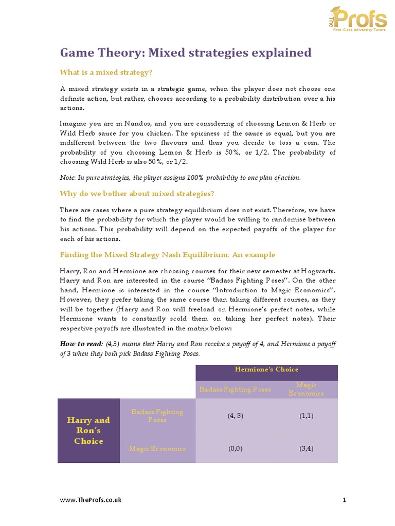 Mixed Strategy Game Theory Examples Pdf Mathematical Economics Gaming