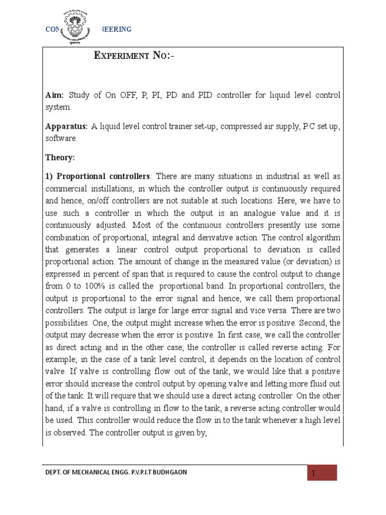LIQUID LEVEL CONTROL EXPERIMENT PID CONTROLLER | PDF | Control Theory ...
