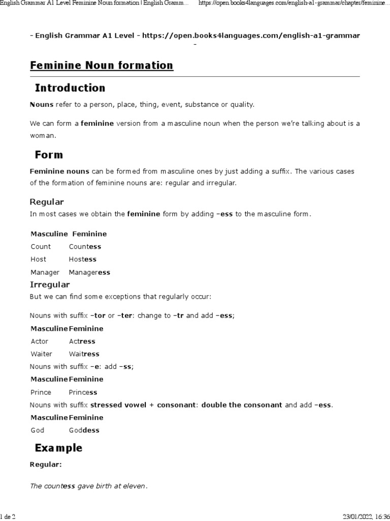 English Grammar A1 Level Feminine Noun Formation - English Grammar A1 ...