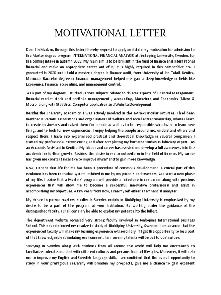 Motivational Letter Jönköping University | PDF | Economics | Accounting