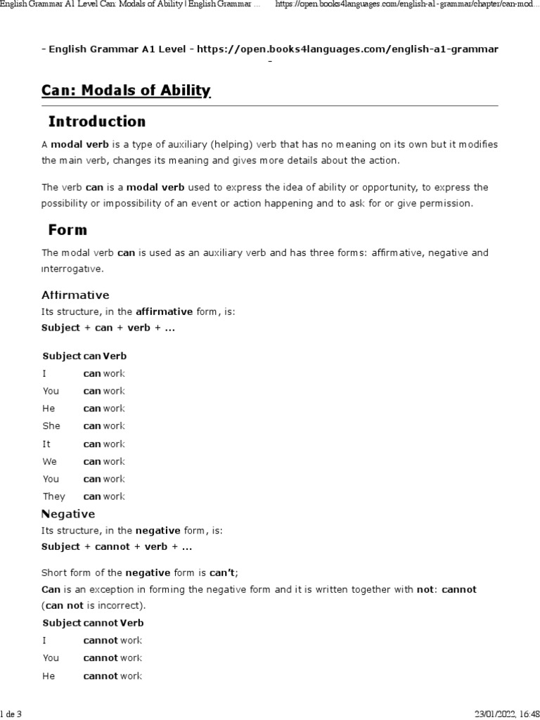 English Grammar A1 Level Can Modals of Ability - English Grammar A1 ...
