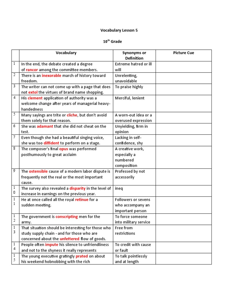 Vocabulary Lesson 5 10 Grade Vocabulary Synonyms or Picture Cue | PDF