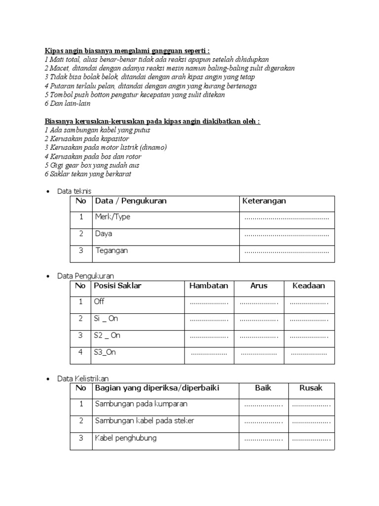 Tabel Perawatan Kipas Angin | PDF