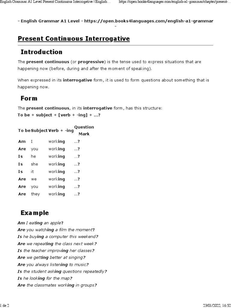 English Grammar A1 Level Present Continuous Interrogative - English ...