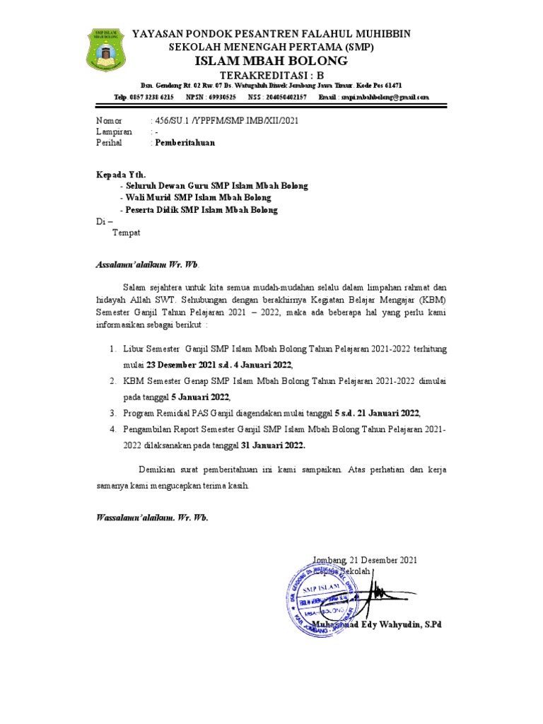 Surat Pemberitahuan Libur | PDF