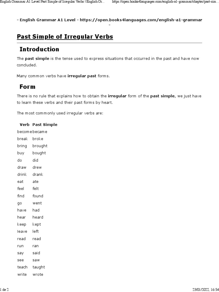 English Grammar A1 Level Past Simple of Irregular Verbs - English ...