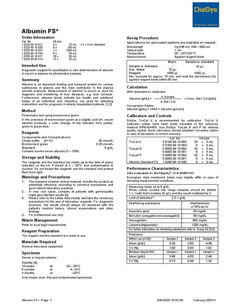 Albumin FS : Order Information Assay Procedure | PDF | Ph | Blood Plasma