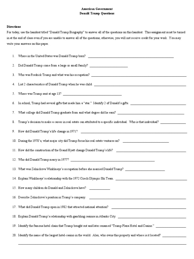 Donald Trump Biography Questions | PDF | Donald Trump | American Government
