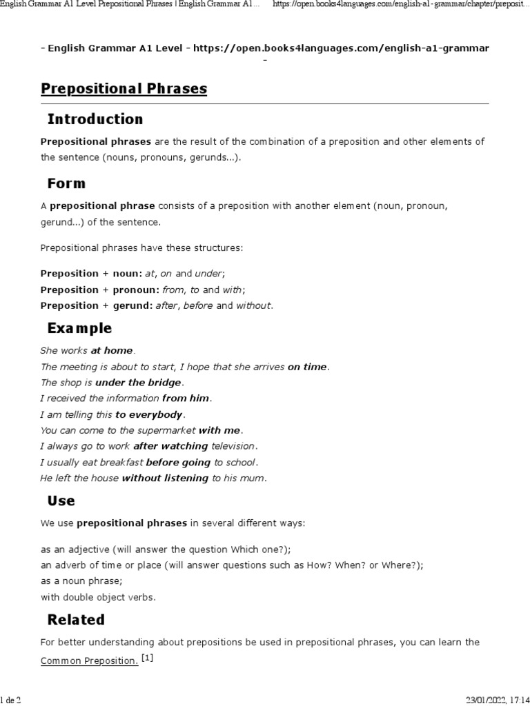 English Grammar A1 Level Prepositional Phrases - English Grammar A1 Level Print | PDF | English ...