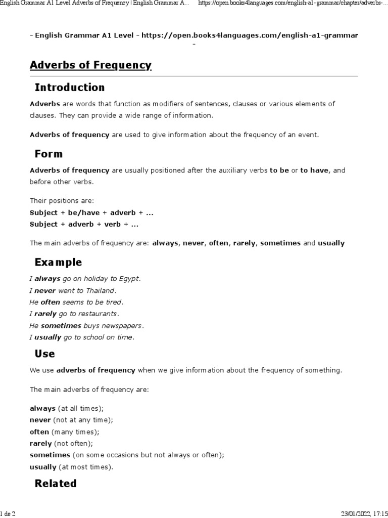 English Grammar A1 Level Adverbs of Frequency - English Grammar A1 ...