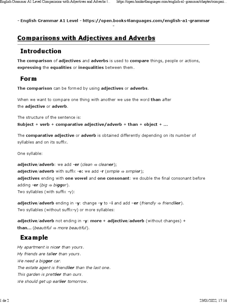 English Grammar A1 Level Comparisons With Adjectives and Adverbs ...