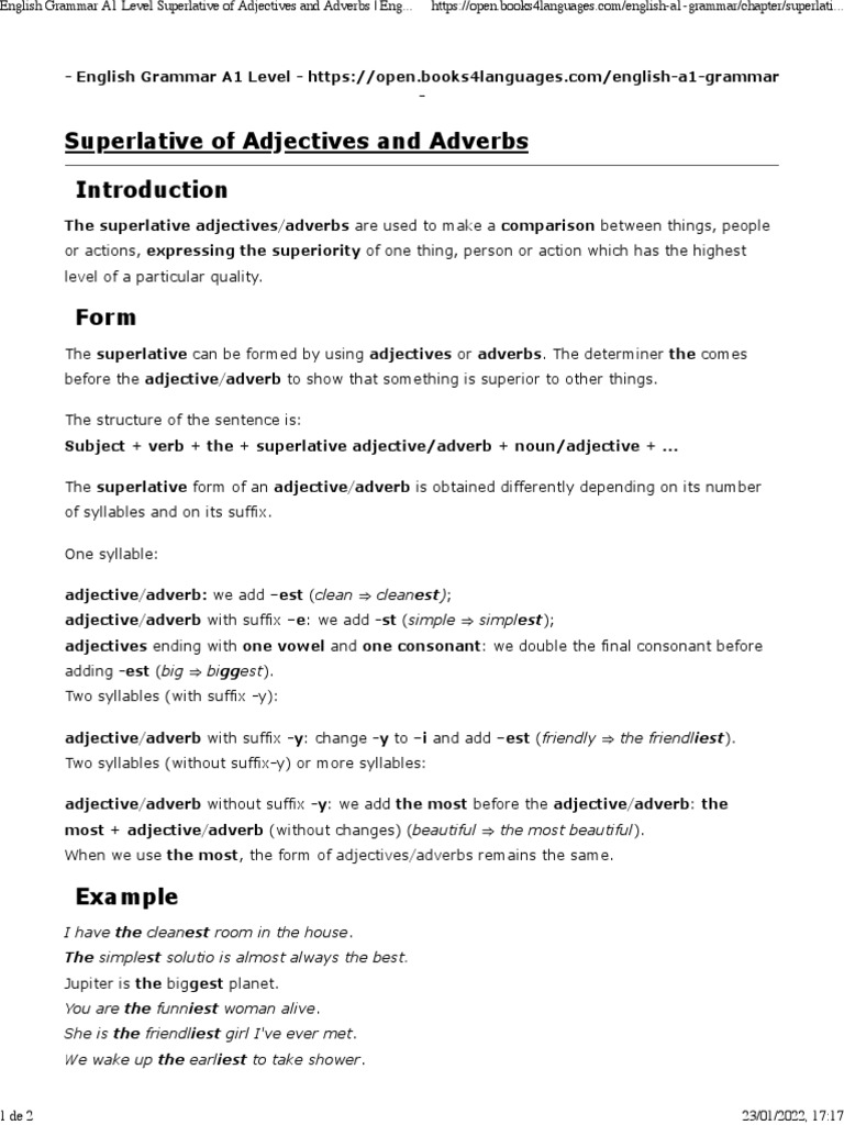 English Grammar A1 Level Superlative of Adjectives and Adverbs ...