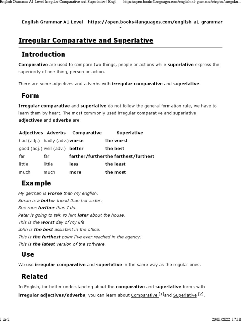 English Grammar A1 Level Irregular Comparative and Superlative ...