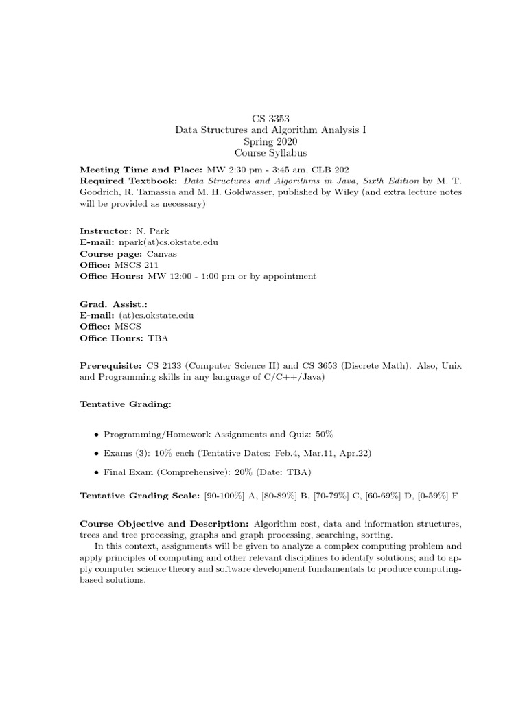 CS 3353 Data Structures and Algorithm Analysis I Spring 2020 Course Syllabus | PDF | Computer ...