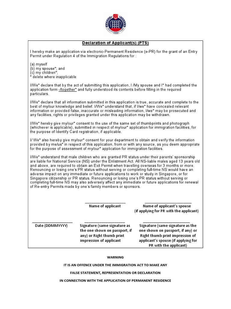 Singapore PR Applicant(s) Declaration (PTS) | PDF | Government ...