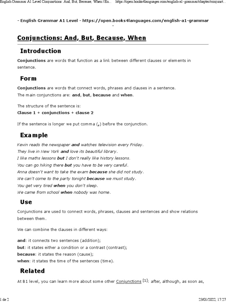 English Grammar A1 Level Conjunctions And, But, Because, When - English ...