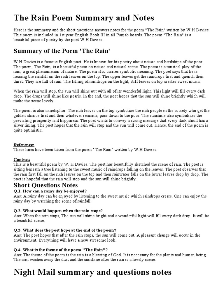 The Rain Poem Summary and Notes | PDF | Rain | Poetry