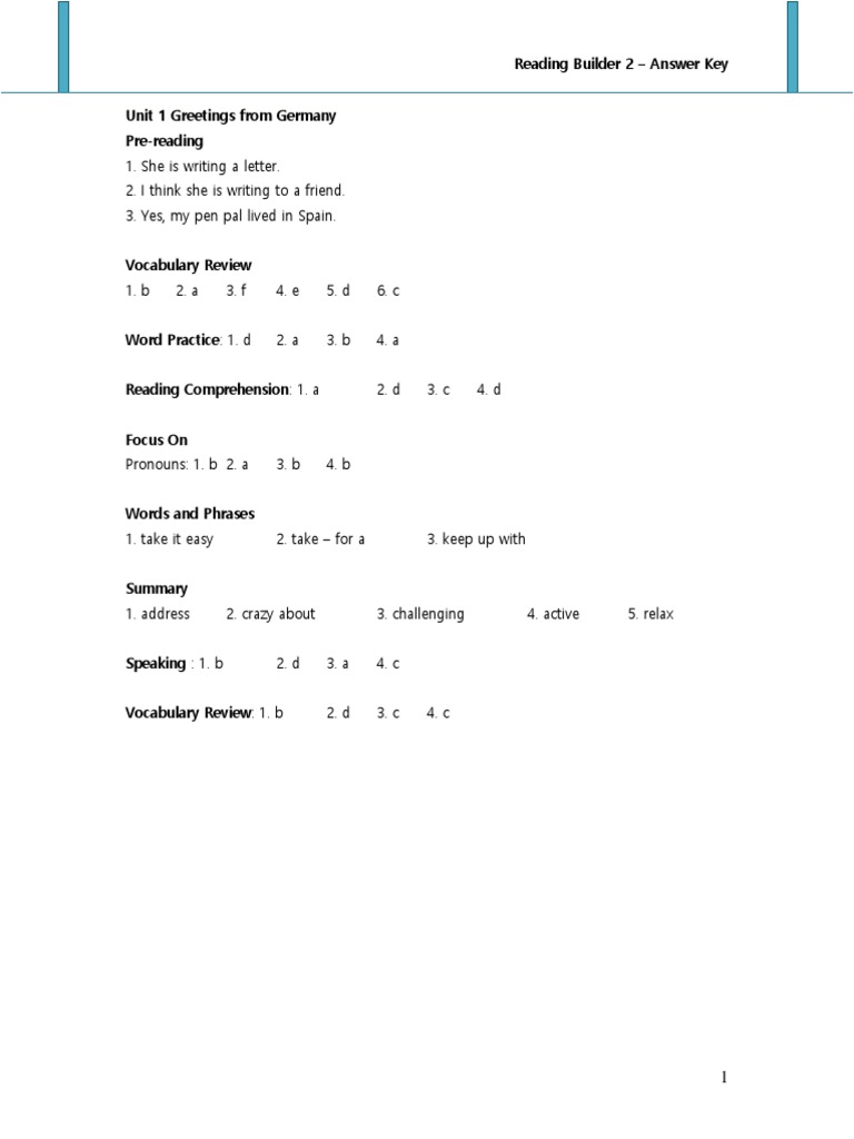 Reading Builder 2 Answer Key | PDF | Vocabulary | Reading Comprehension