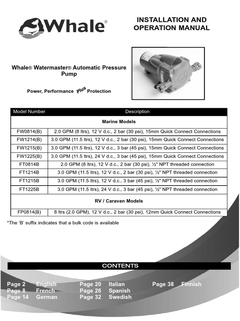 Installation and Operation Manual: Whale Watermaster Automatic Pressure ...