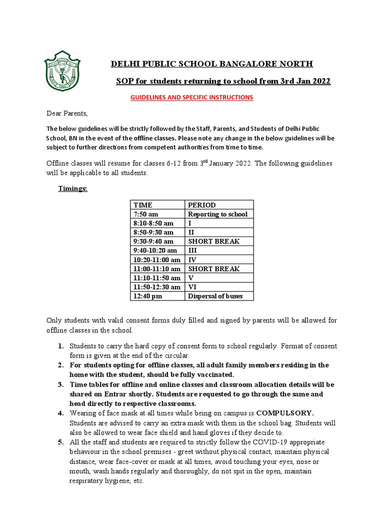 Delhi Public School Bangalore North SOP For Students Returning To ...