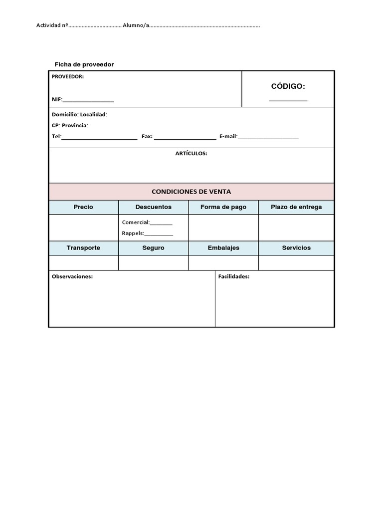Plantilla Ficha Proveedores y Productos | PDF