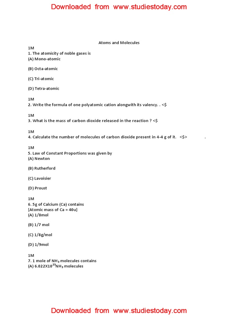 CBSE Class 9 Science Worksheet - Atoms and Molecules | PDF | Ion | Mole (Unit)