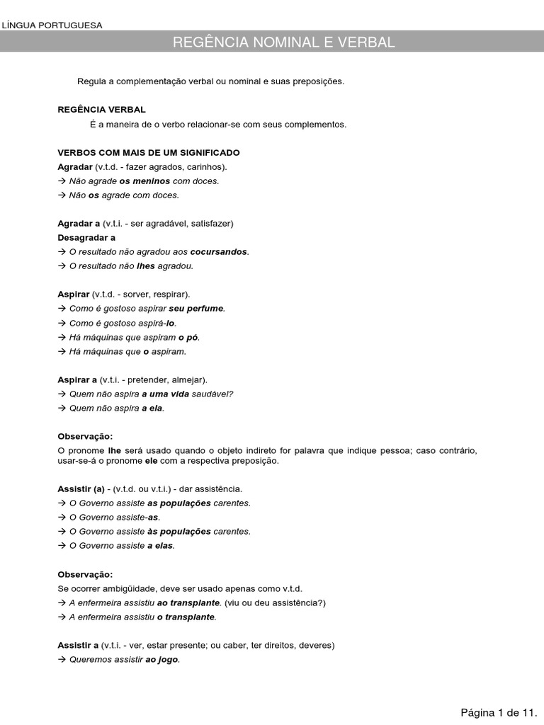 Regência Verbal e Nominal: Resumo e Exemplos | PDF | Preposição e ...