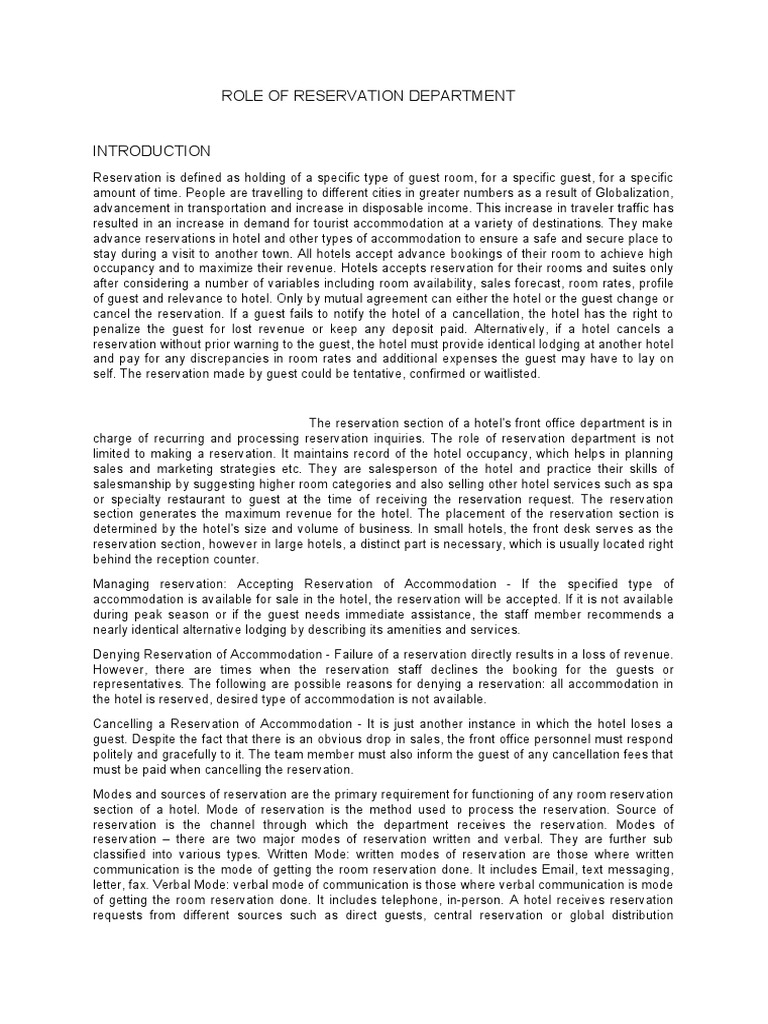 Role of Hotel Reservation Department | PDF | Sales | Hotel