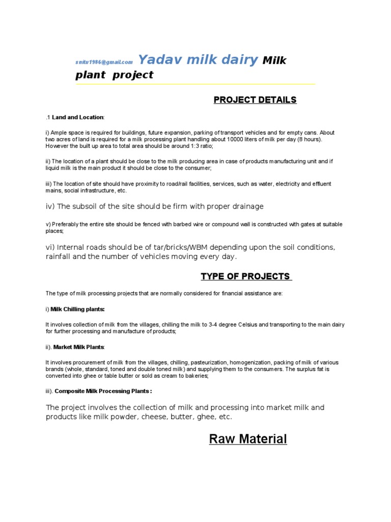 Yadav Dairy Milk Processing Project Plan | PDF | Milk | Steam