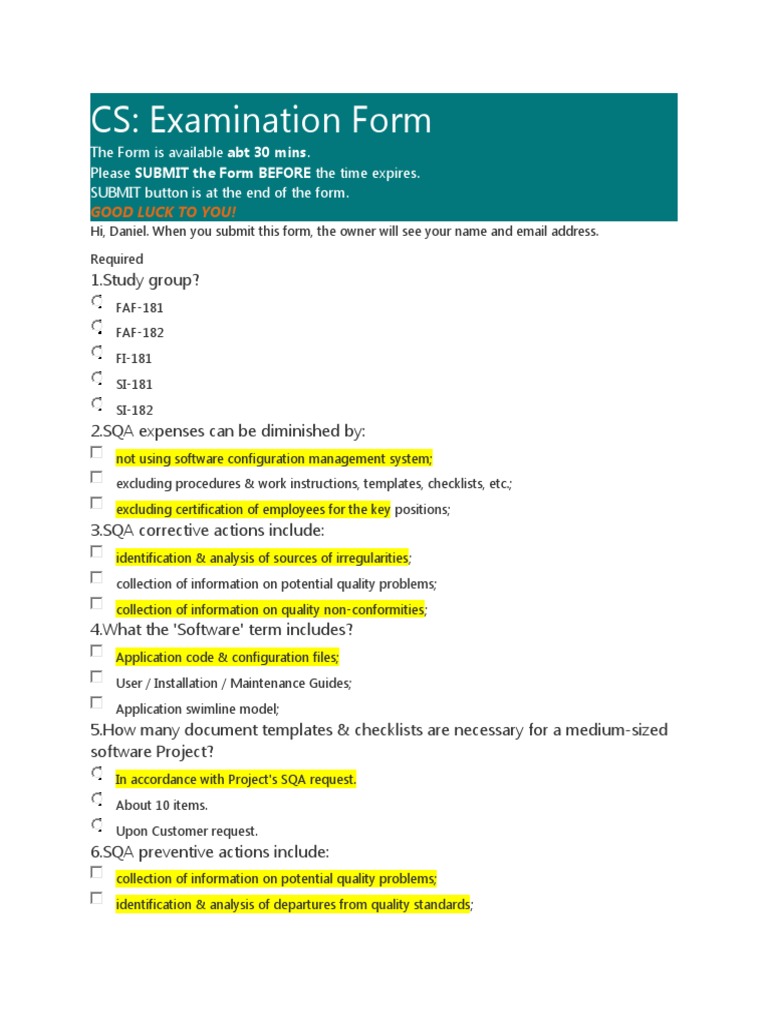 CS: Examination Form: 1.study Group? | PDF | Software Testing | Software