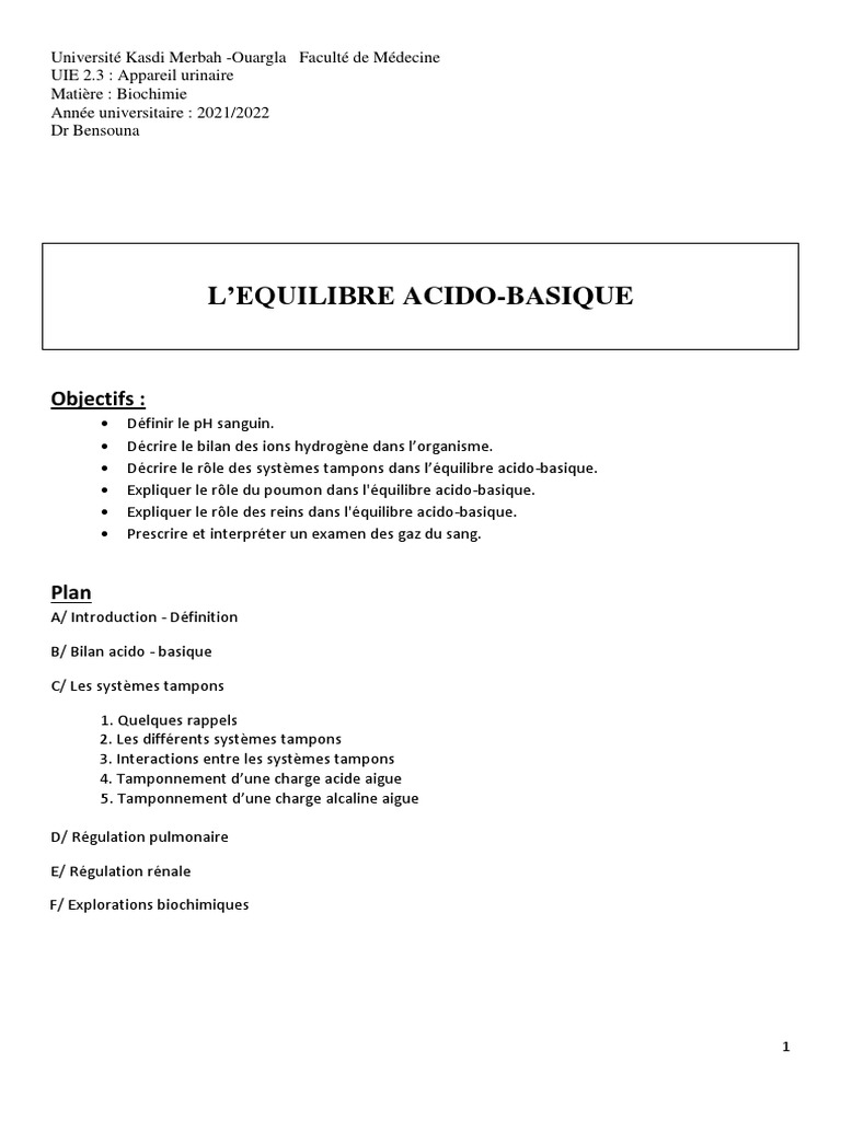 Equilibre Acido-Basique Polycopié | PDF | Ph | Dioxyde de carbone