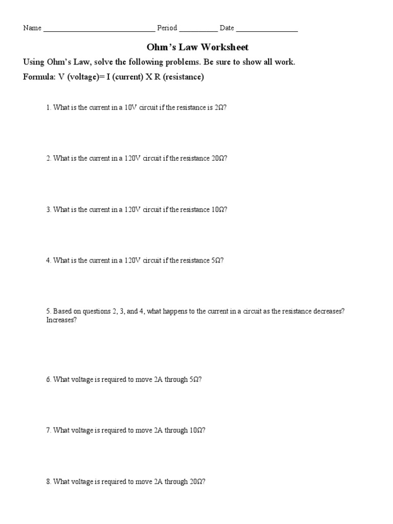 Ohms Law Worksheet | PDF