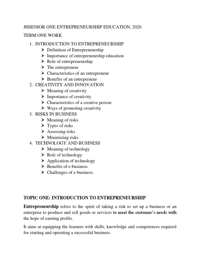 S 1 Entrepreneurship Notes 2020 | PDF | Entrepreneurship | Risk