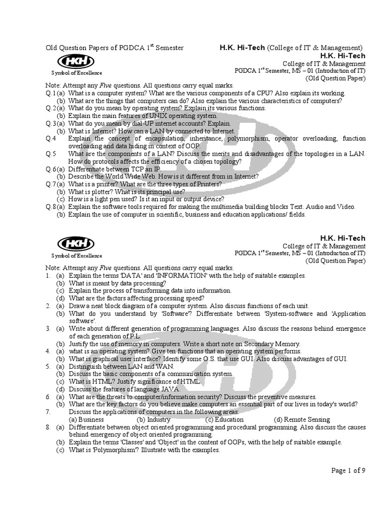 Old Question Papers of PGDCA 1 Semester H.K. Hi-Tech (College of IT & Management) H.K. Hi-Tech ...