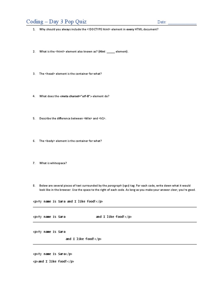 Coding Class - Day 3 Pop Quiz | PDF