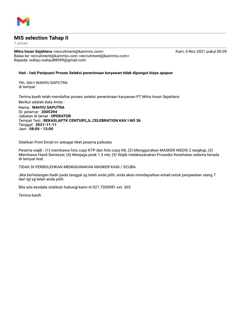 Gmail - MIS Selection Tahap II | PDF