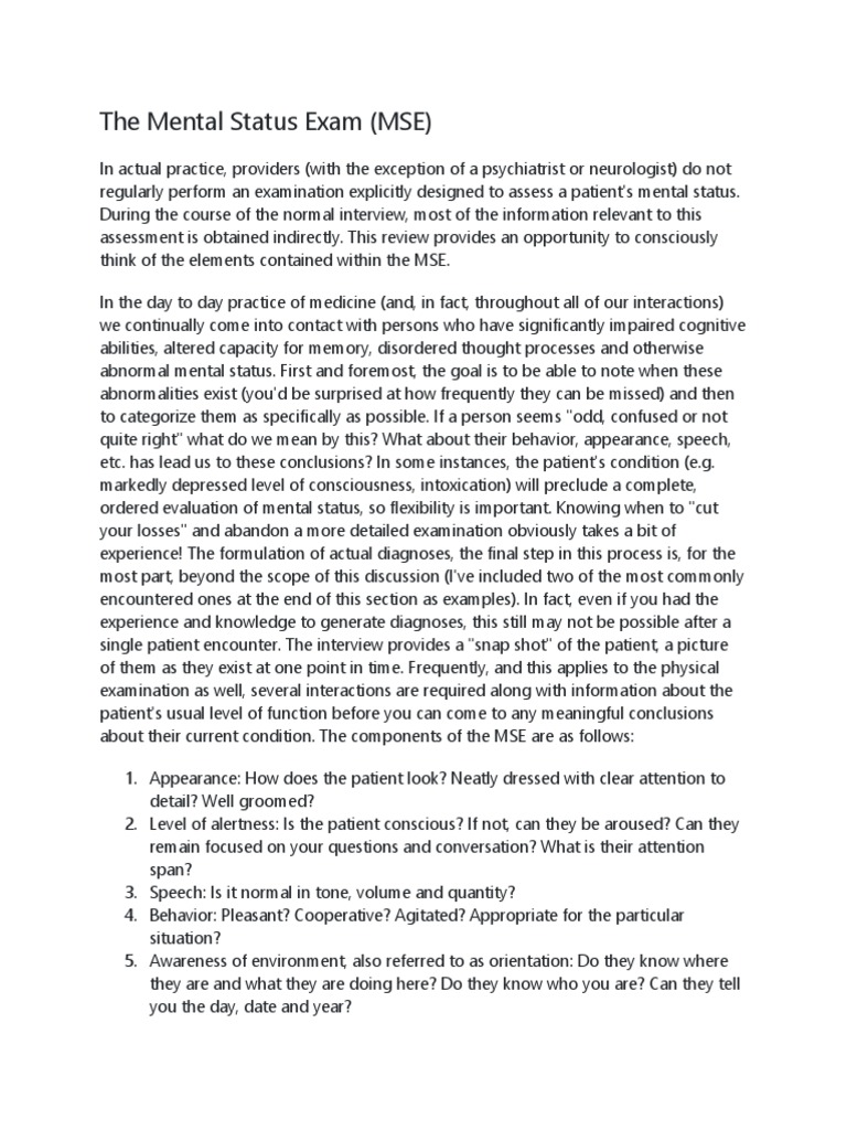 The Mental Status Exam (MSE) | PDF | Dementia | Medicine
