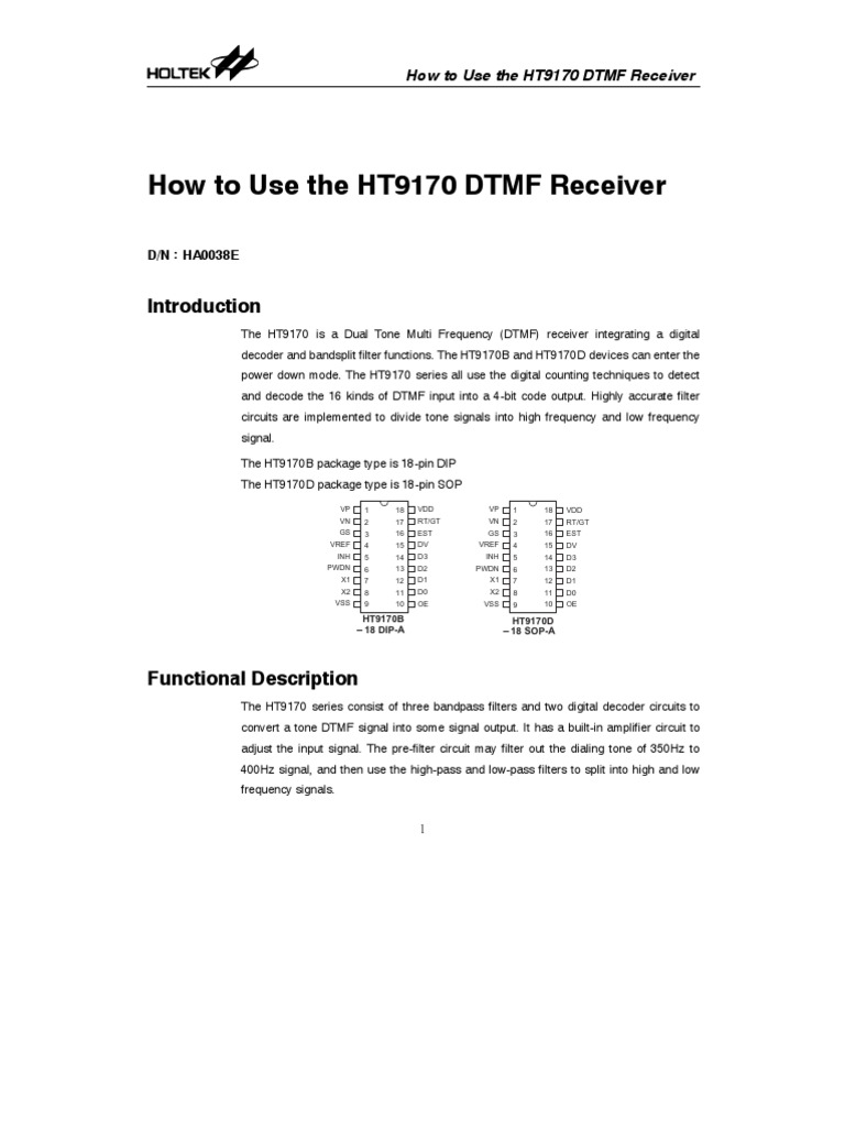 HT9170 DTMF Receiver Guide | PDF | Filter (Signal Processing ...