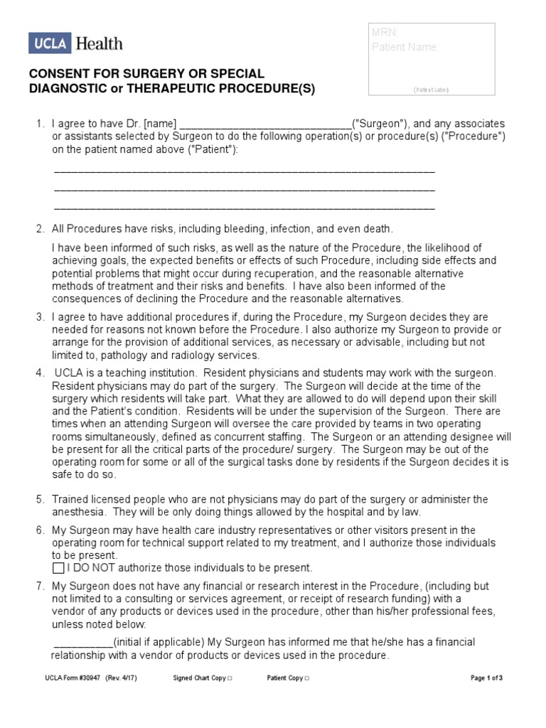 Consent For Surgery or Special Diagnostic or Therapeutic Procedure (S ...