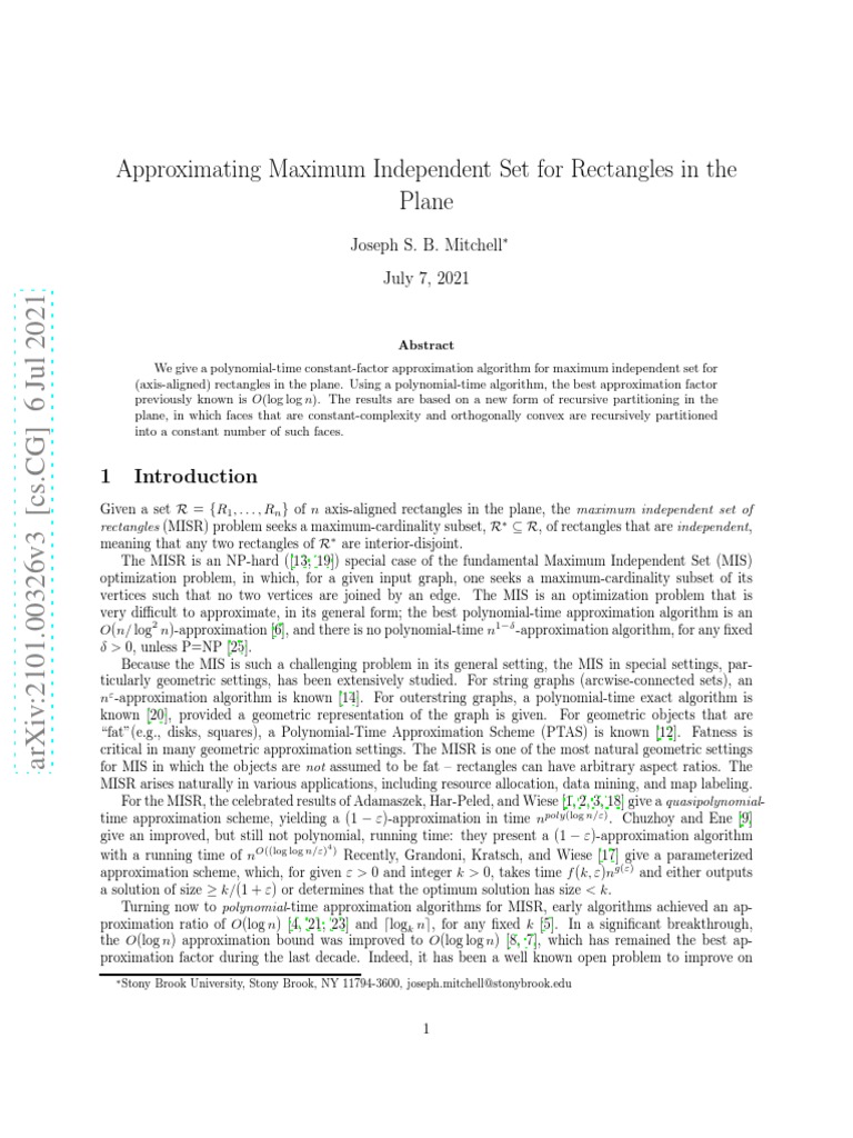 Approximating Maximum Independent Set For Rectangles in The Plane Joseph S. B. Mitchell | PDF ...
