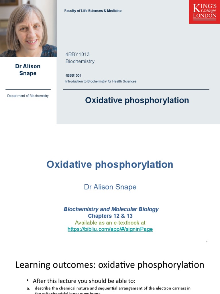 Oxidative Phosphorylation: DR Alison Snape | PDF | Electron Transport ...