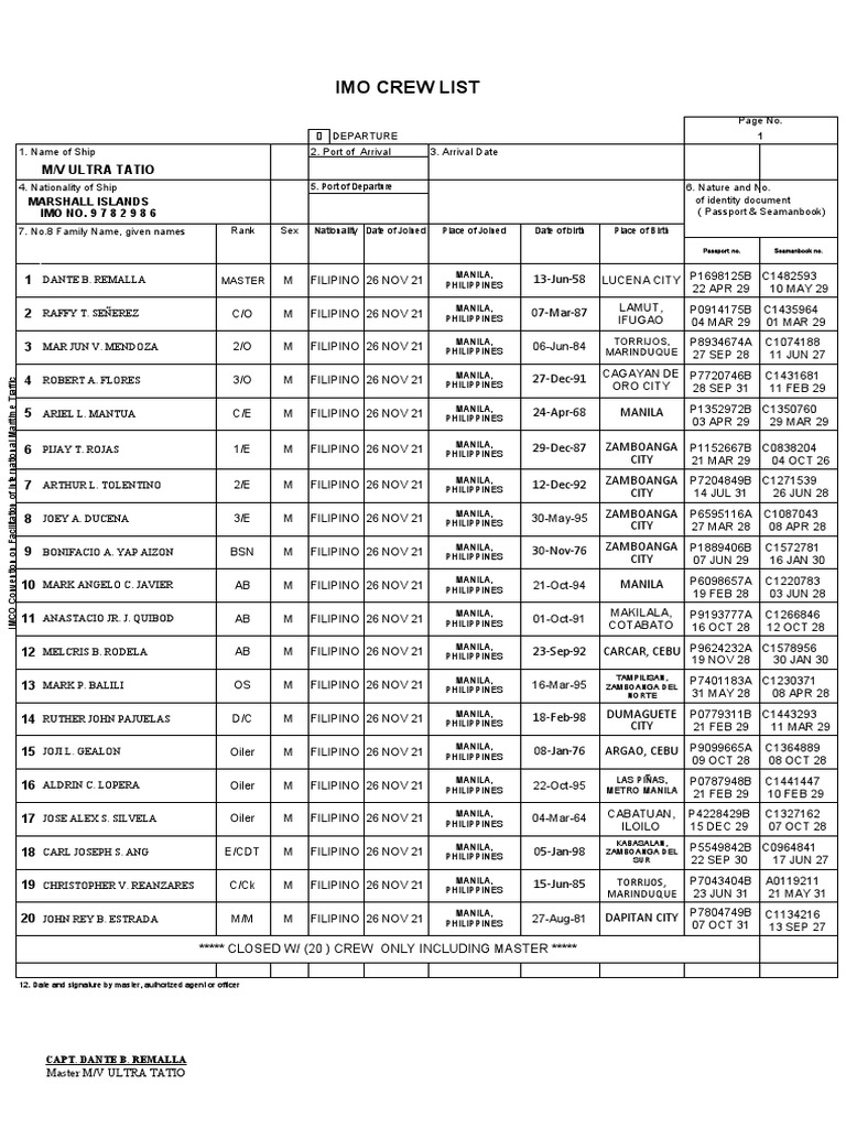 IMO Crew List for M/V Ultra Tatio | PDF | Philippines