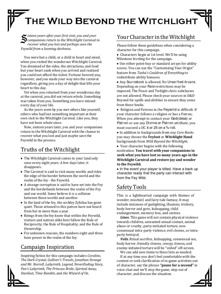Wilds Beyond Witchlight One Page Campaign Guide | PDF